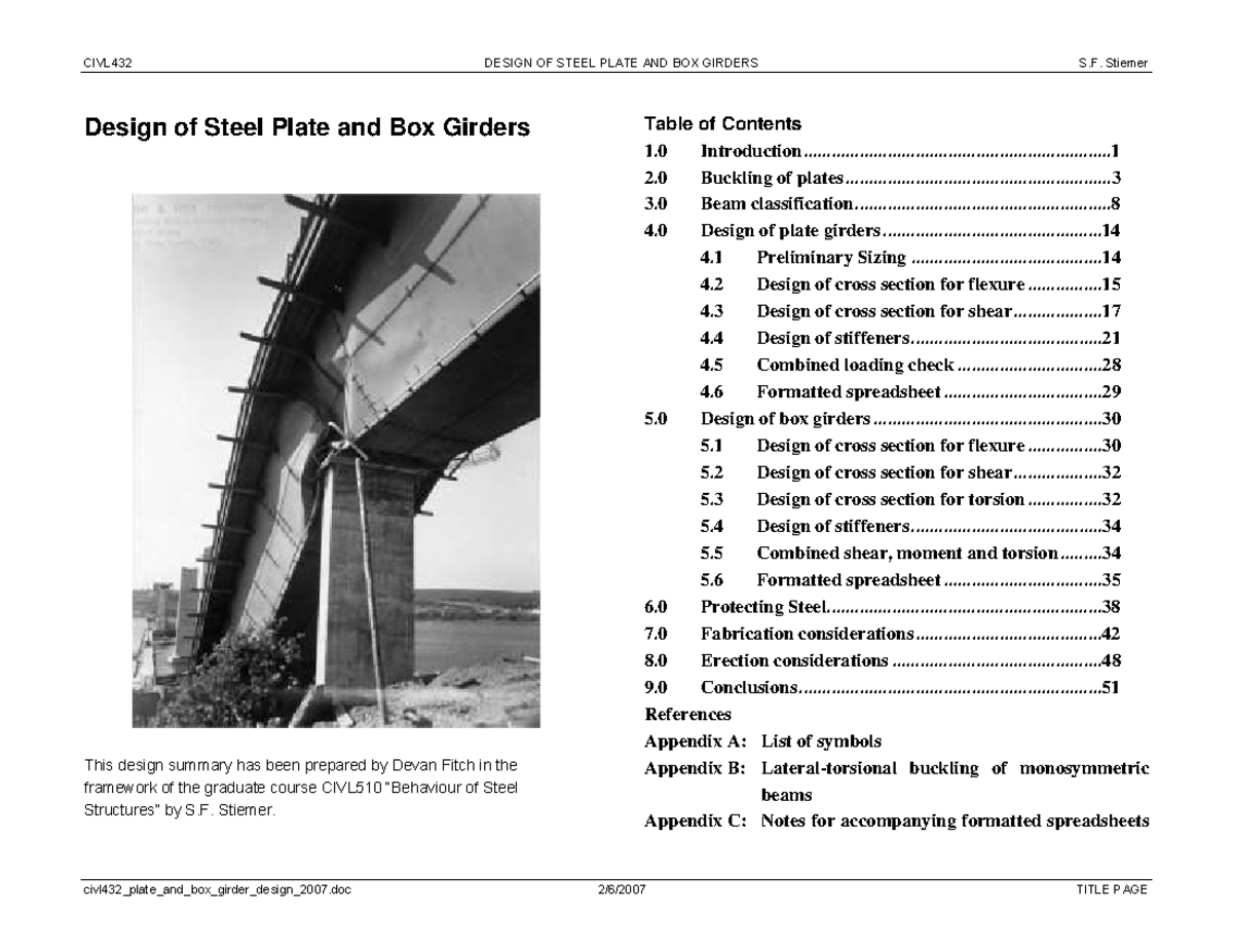 CIVL432 Final Exam Notes: Design of Steel Plate and Box Girders - Studocu