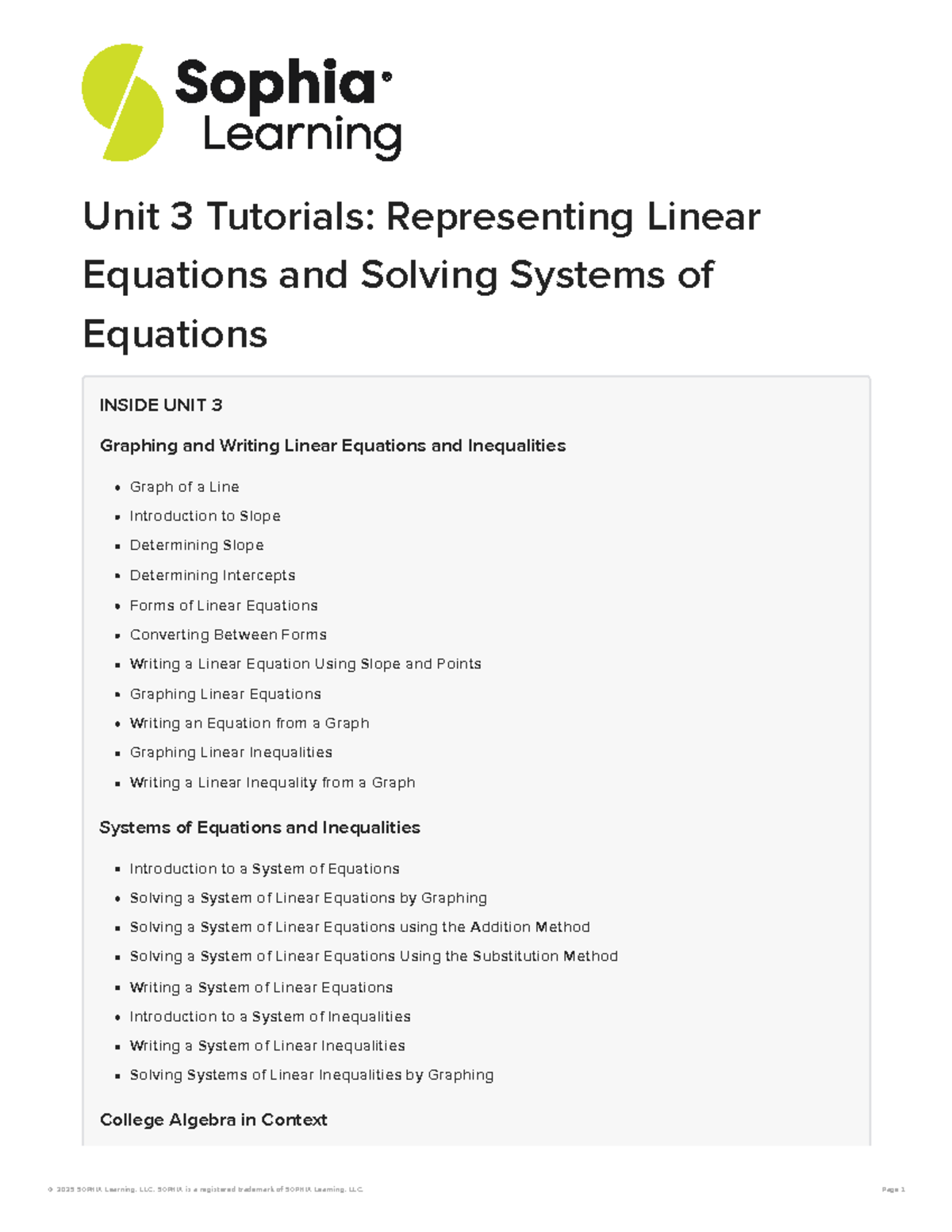 Sophia College Algebra Unit 3: Linear Equations & Systems Tutorials ...