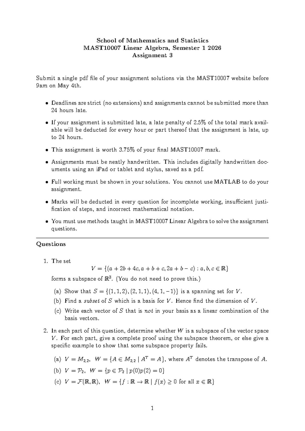Linear Algebra Assignment 3 - Semester 1 2026 - Studocu