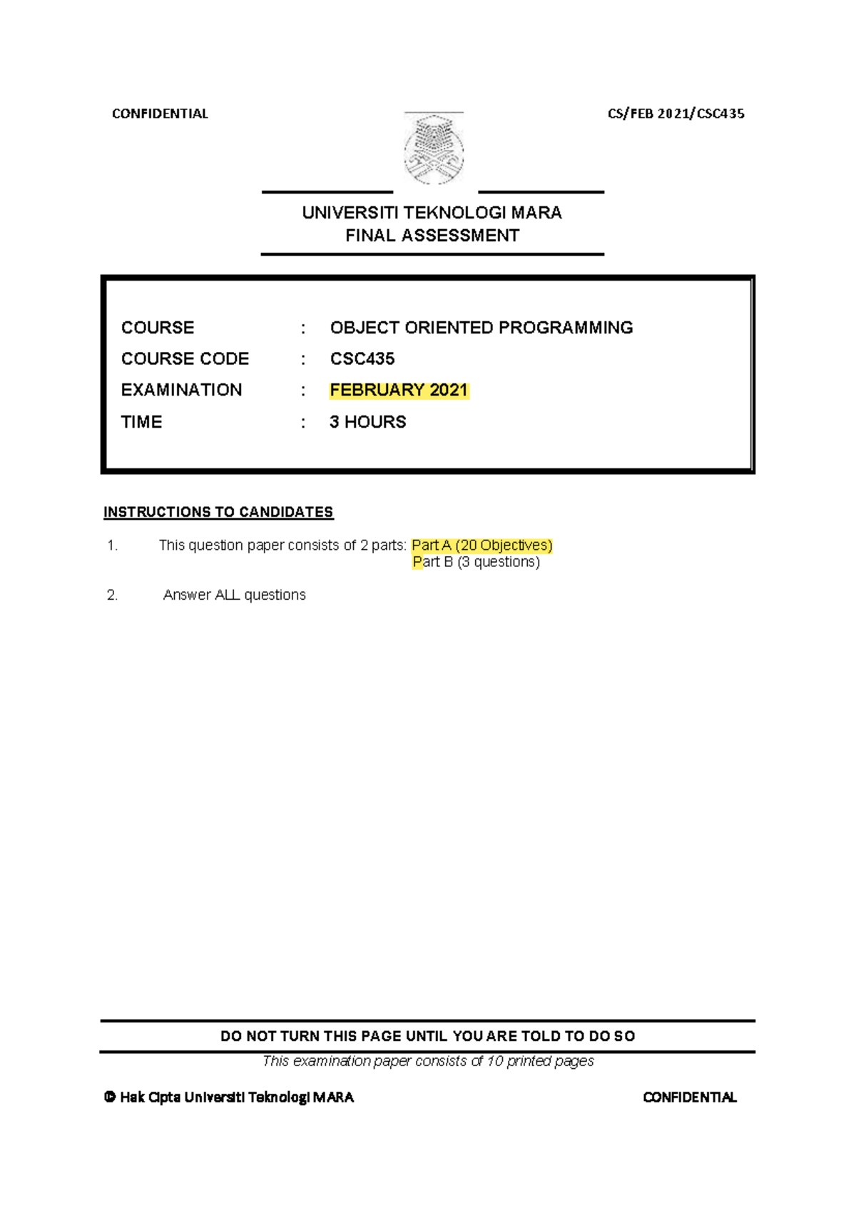Final Assessment CSC435 - Object Oriented Programming Feb 2021 - Studocu