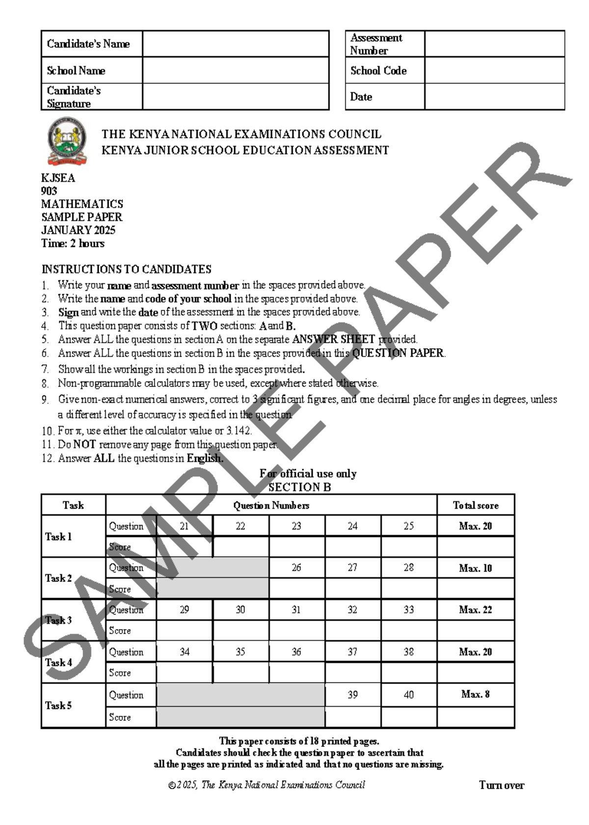 KJSEA 903 Mathematics Sample Paper - January 2025 - Studocu
