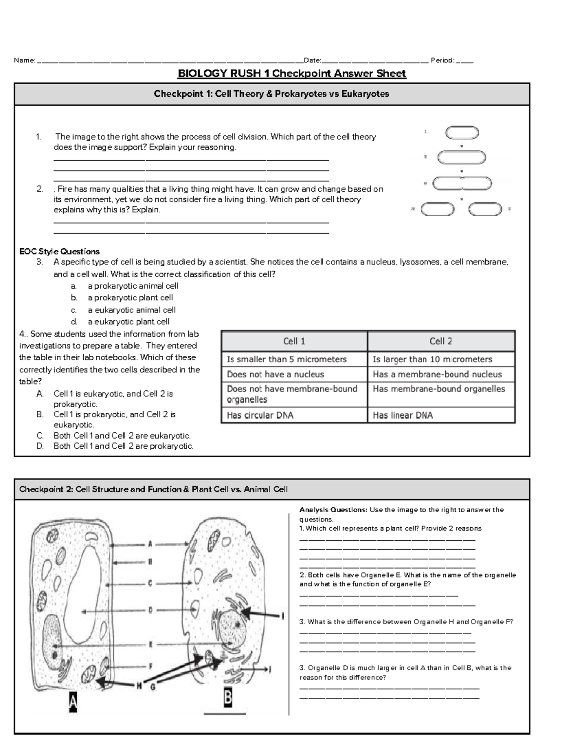 BIO 101 RUSH 1 Checkpoint Answer Sheet: Cell Theory & Structure - Studocu