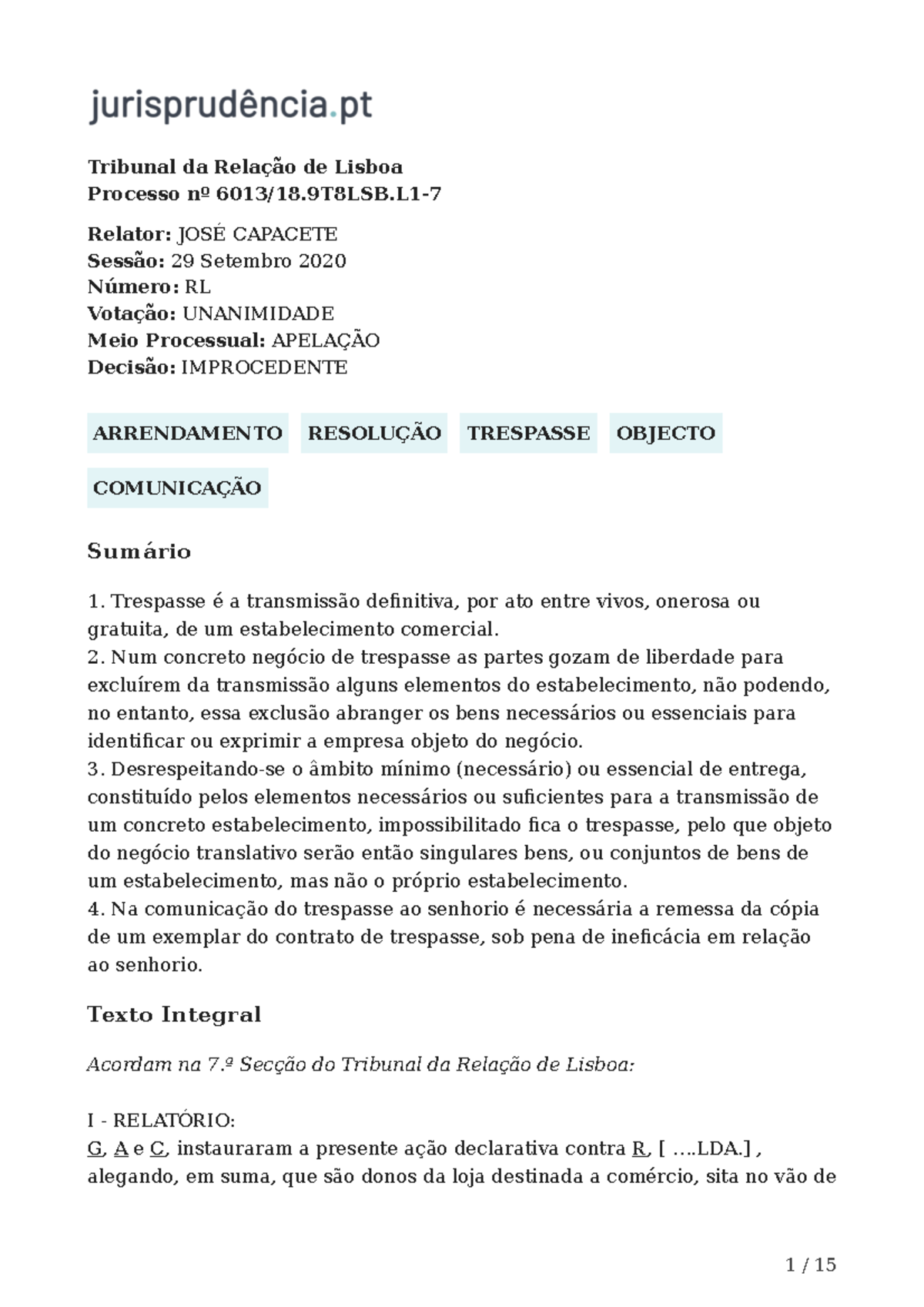 Comunicação de Trespasse ao Senhorio - Análise do Processo 6013/18 ...