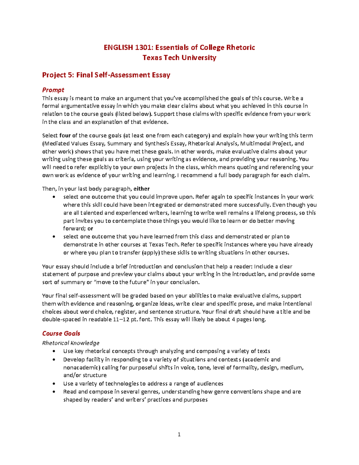 ENGL 1301 Project 5: Final Self-Assessment Essay on Course Goals - Studocu