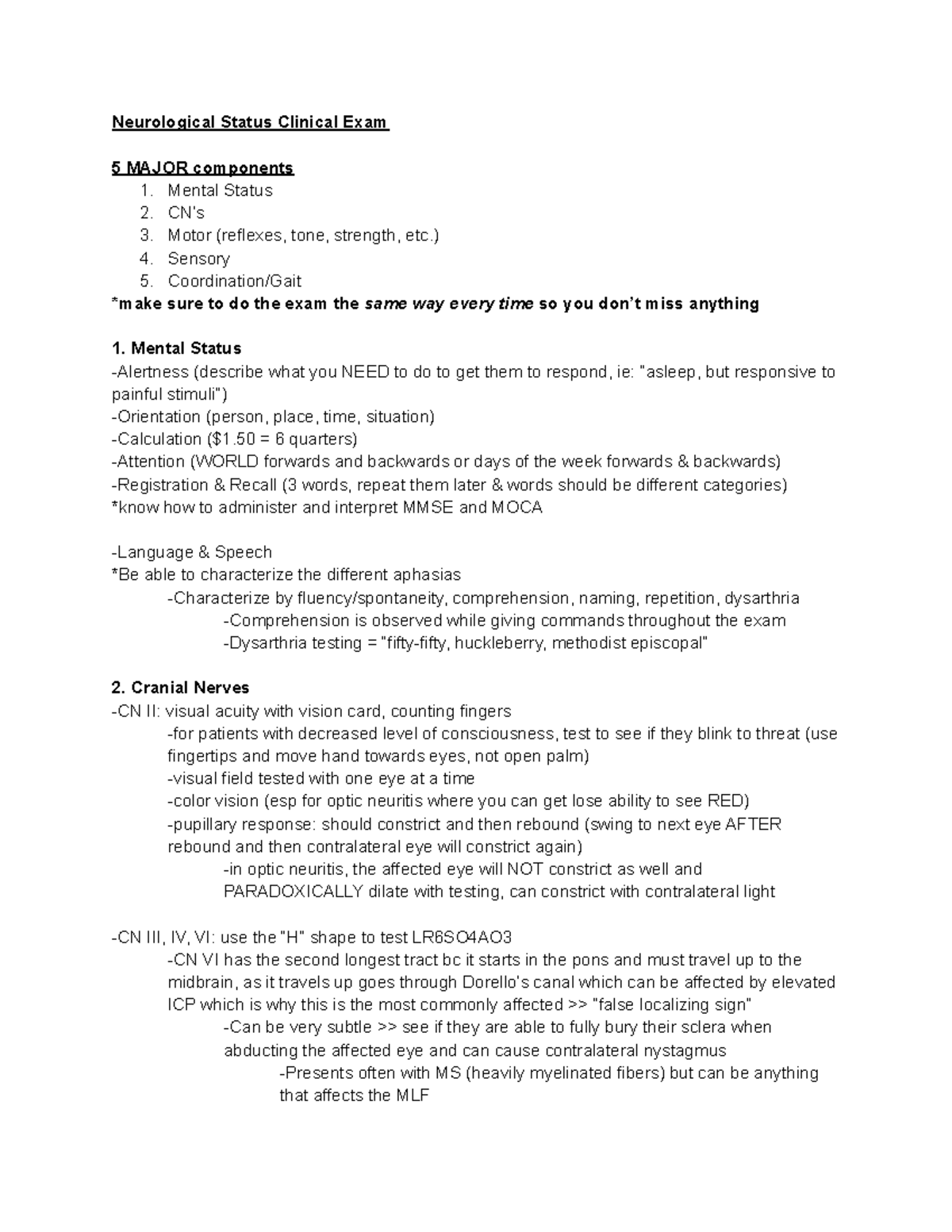 Neurological Exam Notes for Clinical Assessment - Studocu