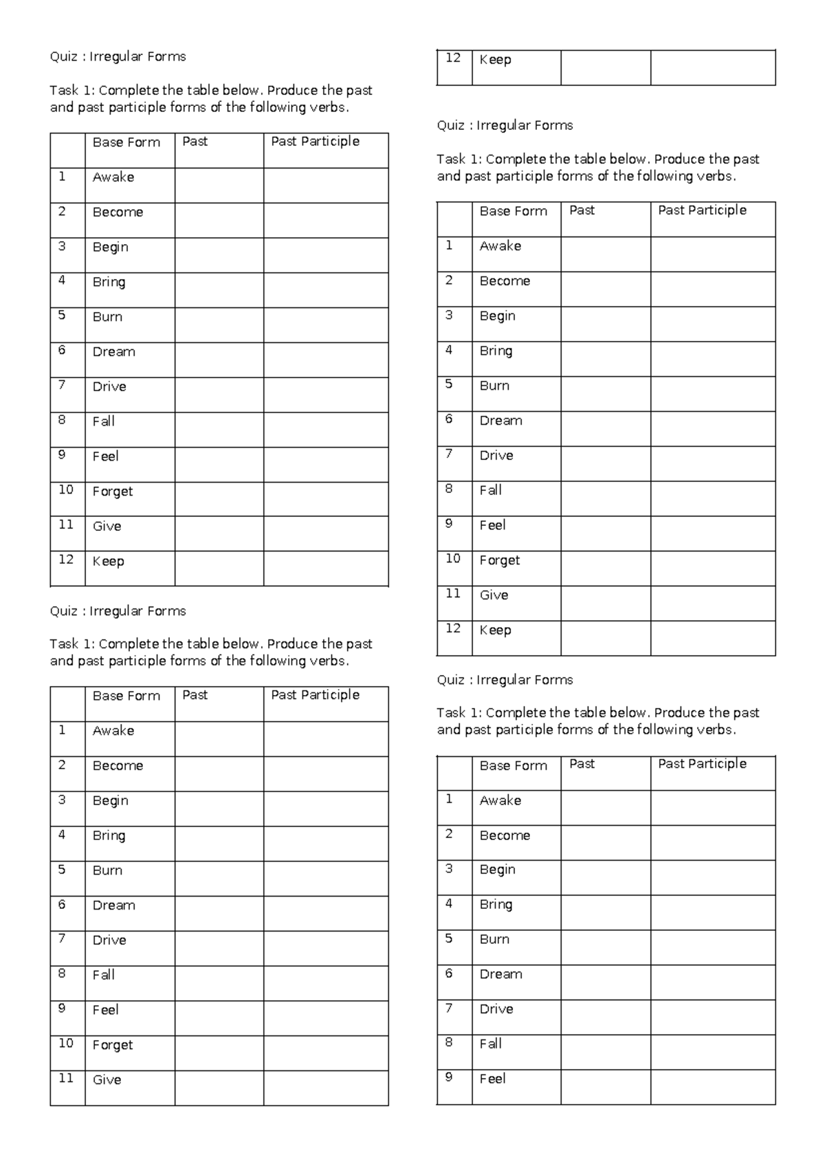 Quiz: Irregular Verbs Forms Task 1 - Studocu