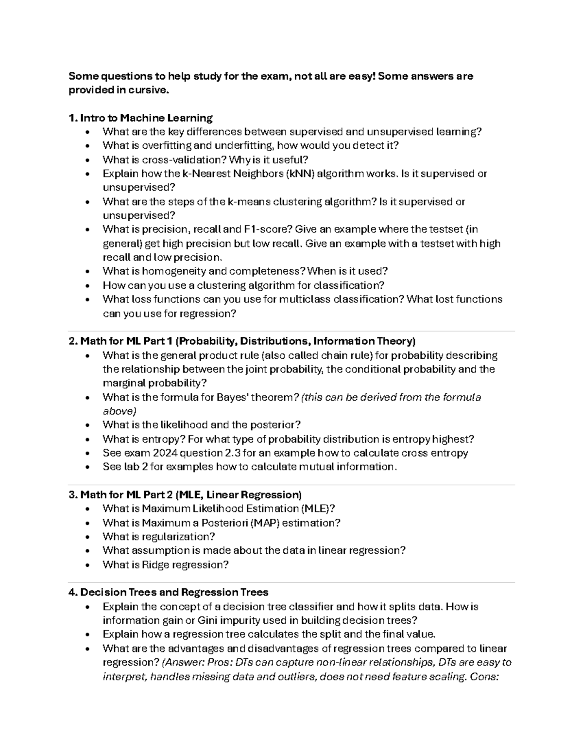Exam Prep for ML (CS101) - Lectures 1-10 Study Guide - Studocu
