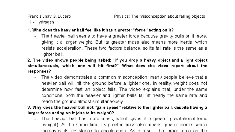 P6 - Misconceptions About Falling Objects in Hydrogen Physics - Studocu