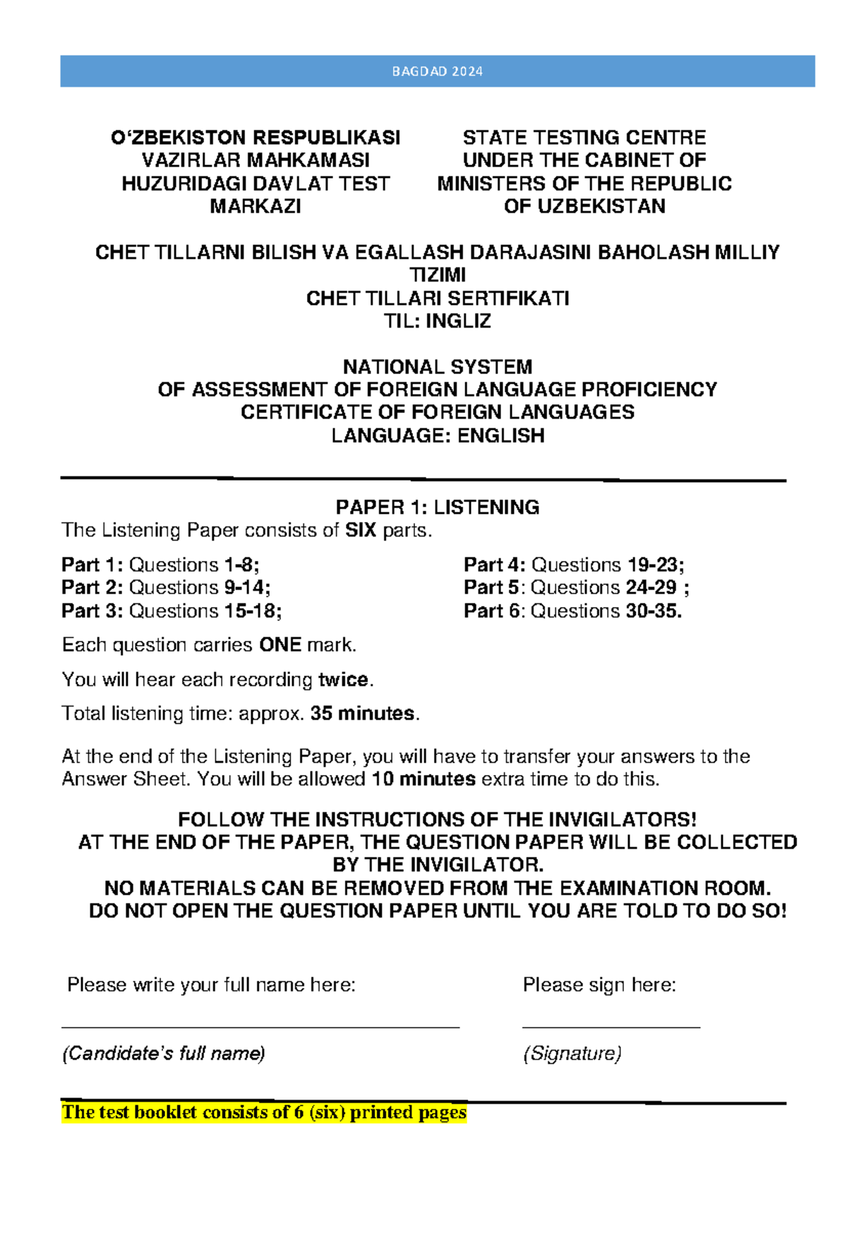 BAGDAD 2024 CEFR TESTING: FULL MOCK TEST PAPER 1 & 2 - Studocu