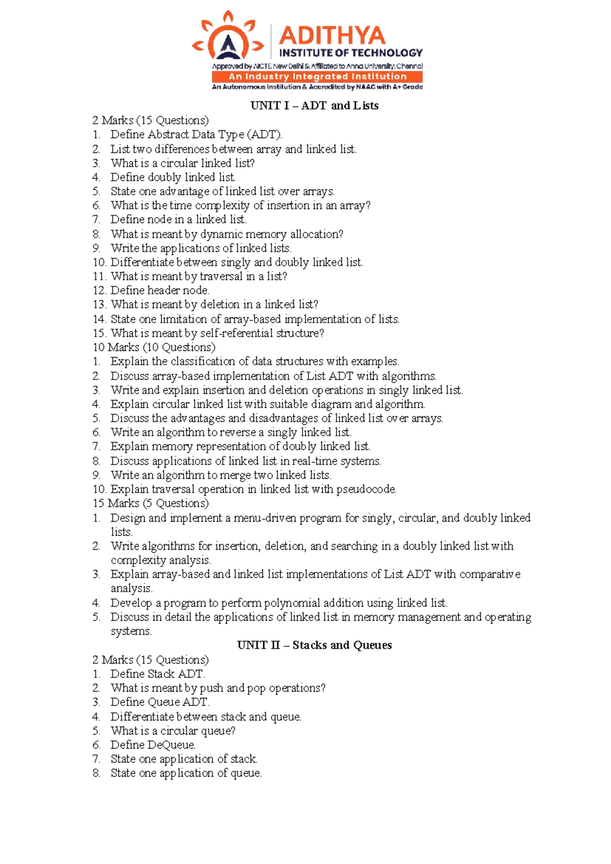 UNIT I TO V Question Bank - Data Structures (DS) - Studocu