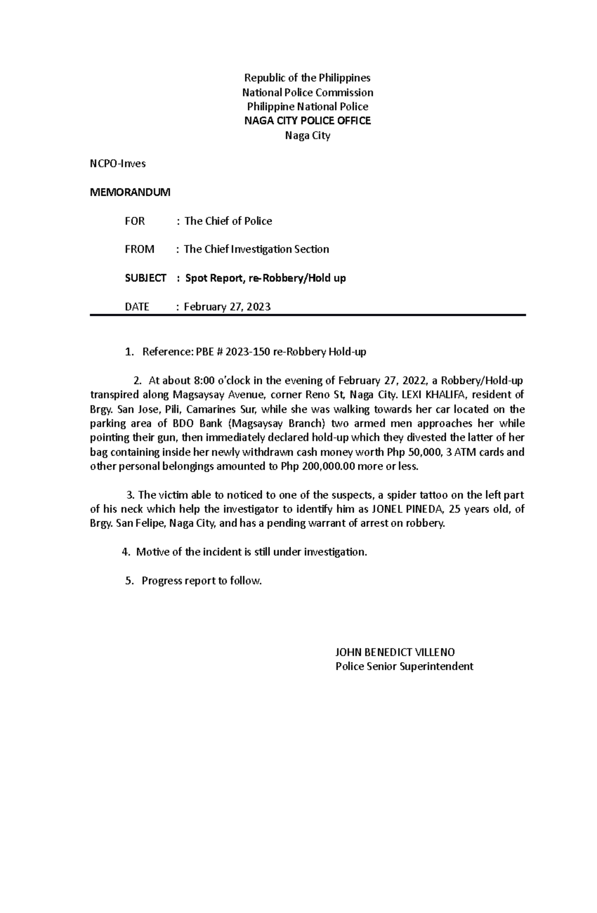 NCPO-Inves Spot Report: Robbery Incident on Feb 27, 2023 - Studocu