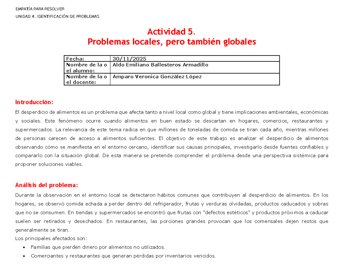 Empatía para Resolver: Análisis del Desperdicio de Alimentos A6 - Studocu