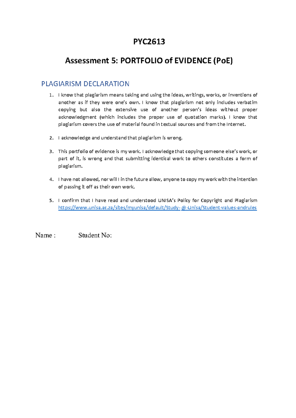 PYC2613 POE 2024 - Portfolio of Evidence Reflection and Insights - Studocu