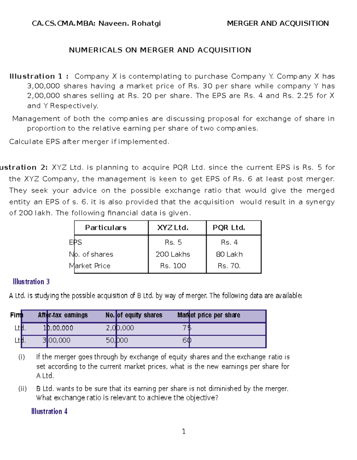 Merger and Acquisition - CA.CS.CMA: Naveen. Rohatgi MERGER AND ACQUISITION NUMERICALS ON MERGER ...