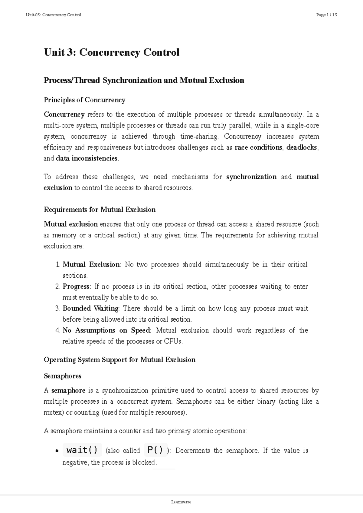 Unit 3: Concurrency Control - Synchronization & Mutual Exclusion - Studocu