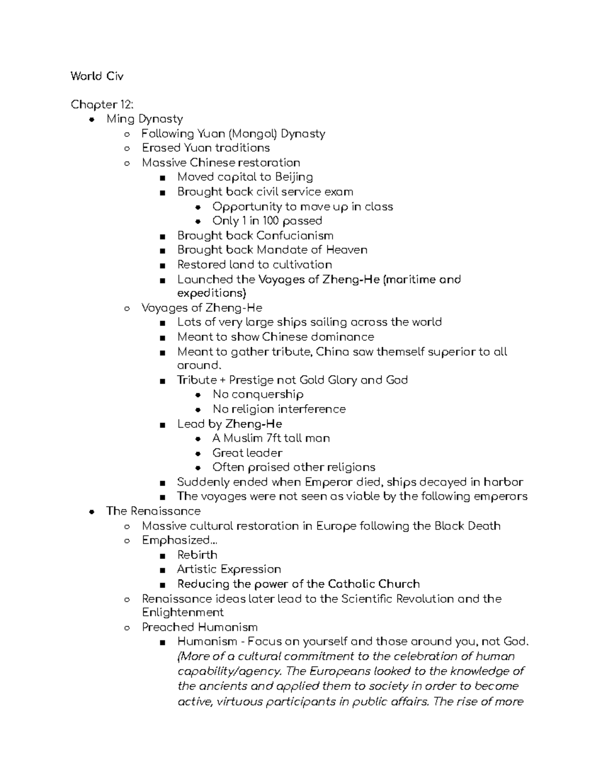 Notes - World Civ Chapter 12: Ming Dynasty Following Yuan (Mongol ...