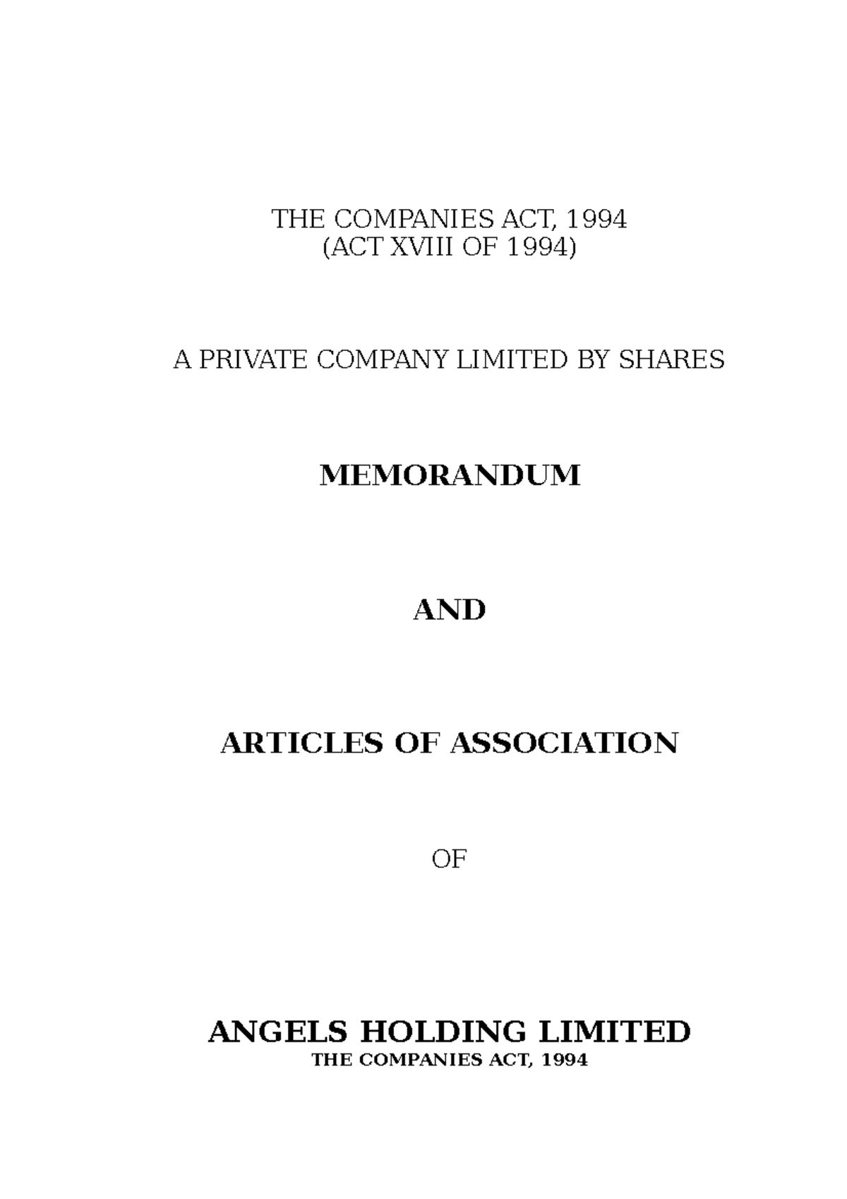 Memorandum of Association of Angels Holding Limited (Act XVIII 1994 ...