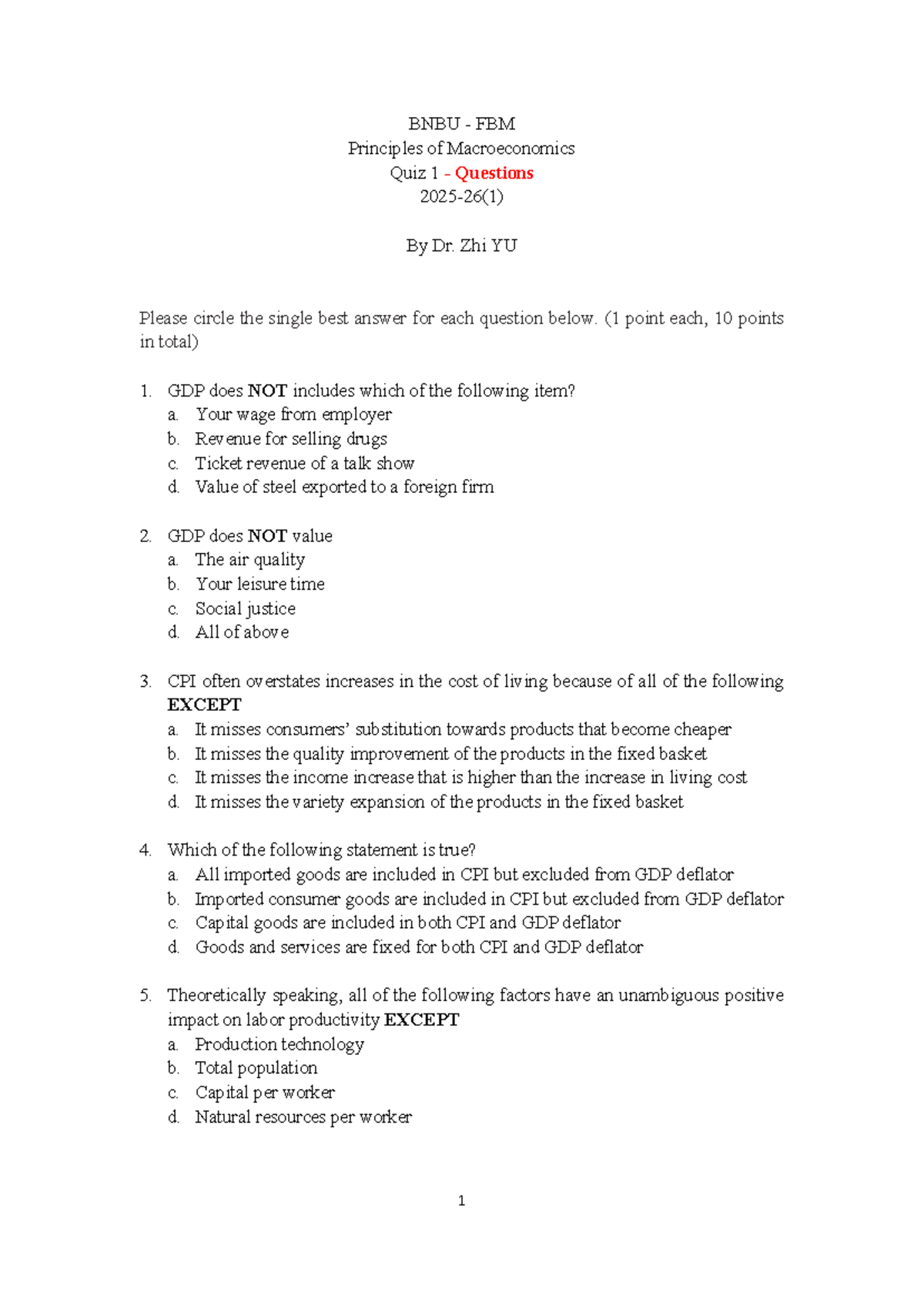 BNBU FBM Principles of Macroeconomics Quiz 1 Questions - Studocu