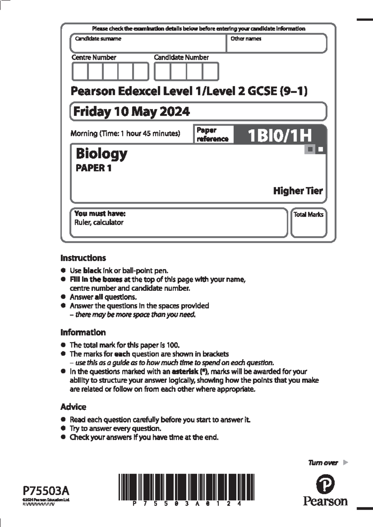 Biology GCSE Paper 1 Higher Tier Exam Details - May 2024 - Studocu