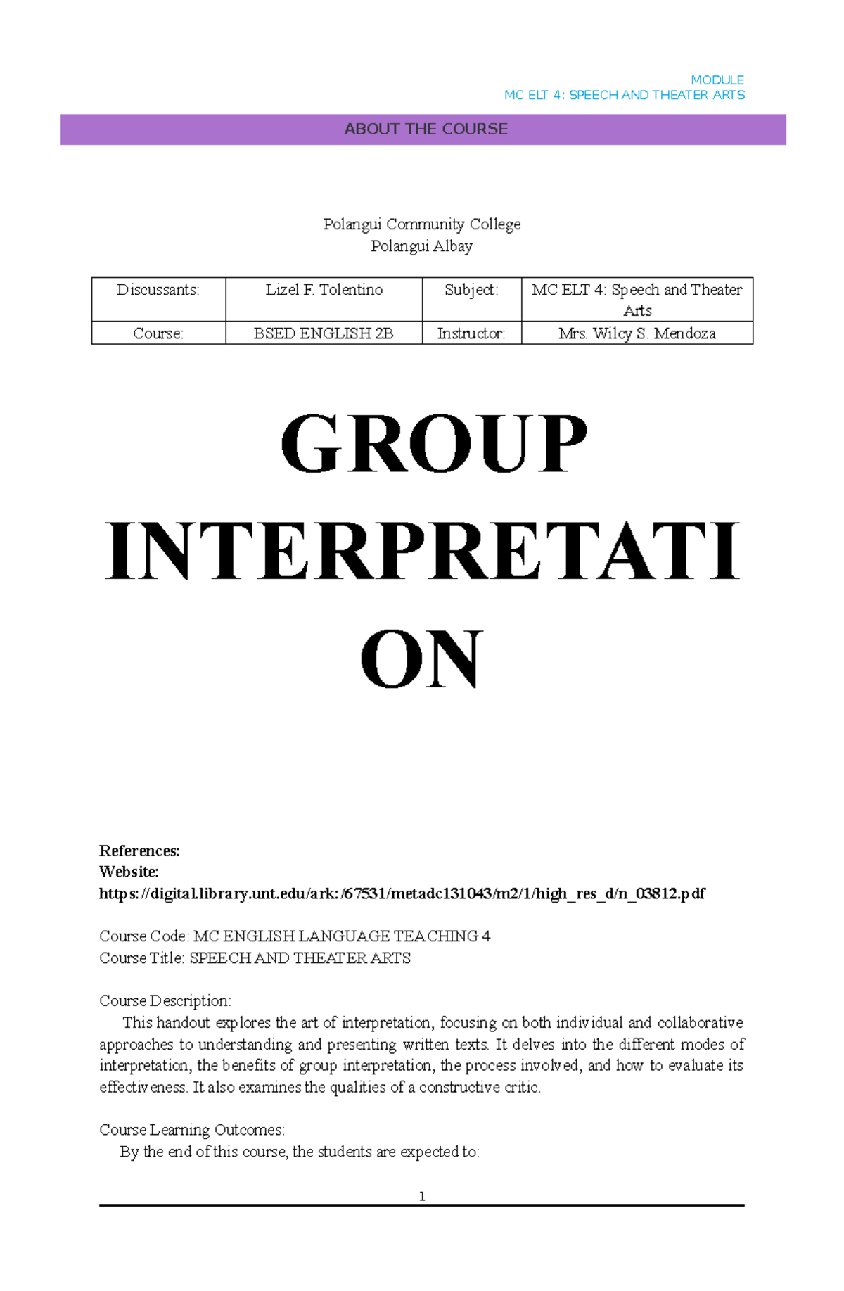 Group Interpretation Handout for MC ELT 4: Speech and Theater Arts ...
