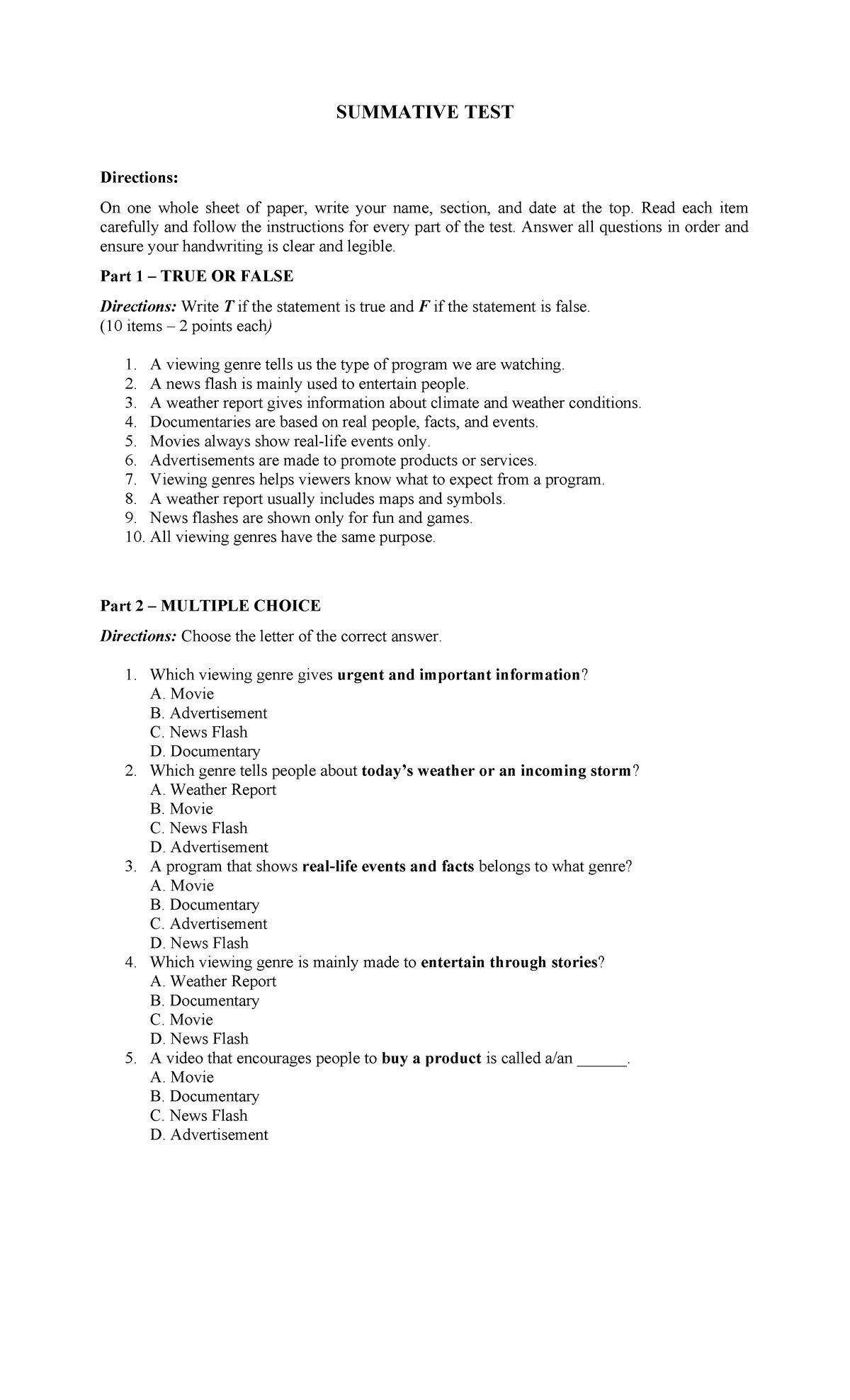 SUMMATIVE TEST: Understanding Viewing Genres and Their Functions - Studocu