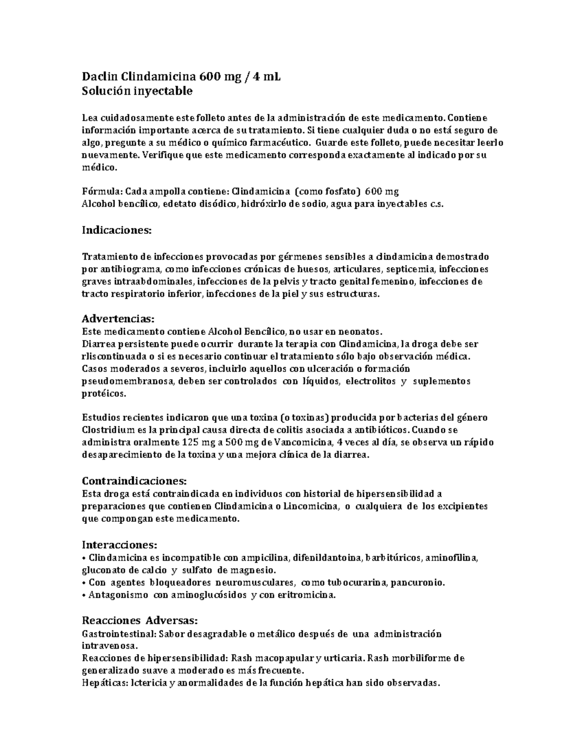 Daclin Clindamicina 600 mg: Información y Advertencias Importantes ...