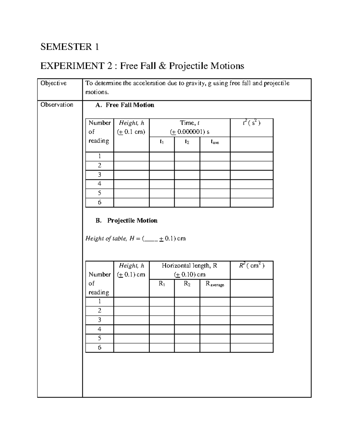 SEM 1 EXP 2: Free Fall & Projectile Motions Experiment Guide - Studocu