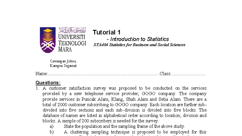 Tutorial 1 - Introduction to Statistics STA404: Lecture Notes on ...