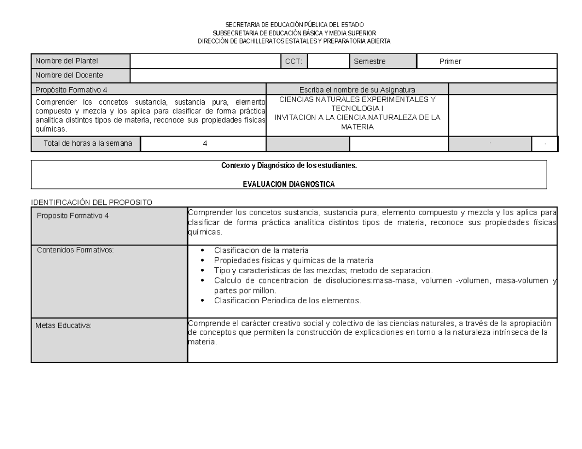 Planeación de Clase: CNEy T - Propósito Formativo 4 sobre Materia - Studocu