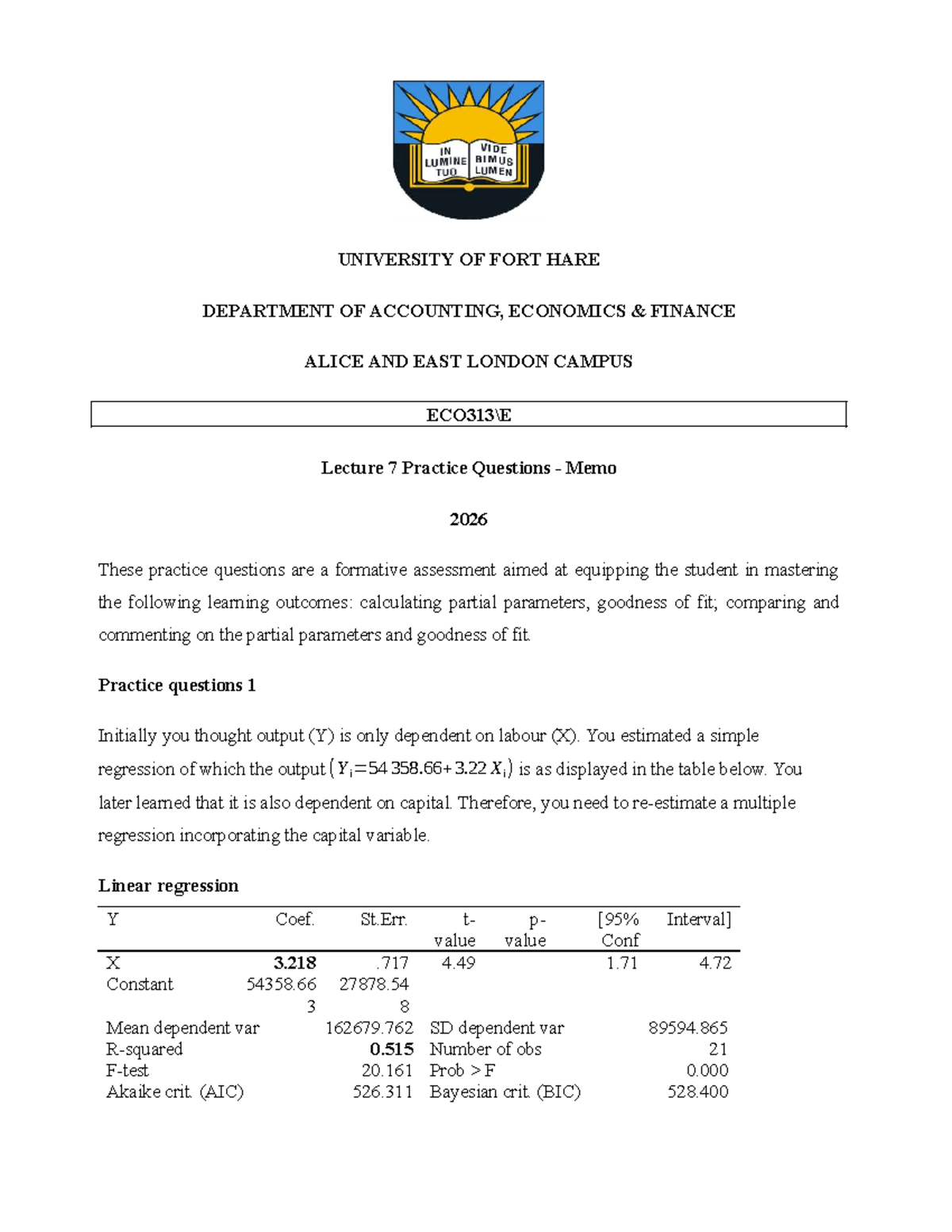 Lecture 7 Practice Questions Memo - ACC 2026 - Studocu