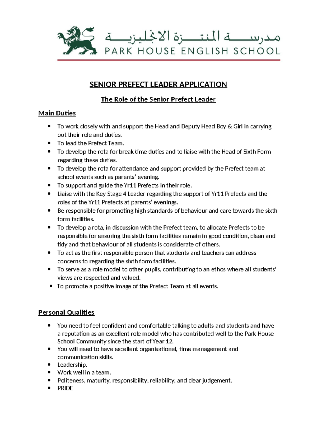 Senior Prefect Leader Application - Park House School - Studocu