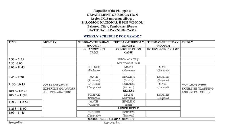 NLC Master Class Program Weekly Schedule for Grades 7 & 8 - Studocu