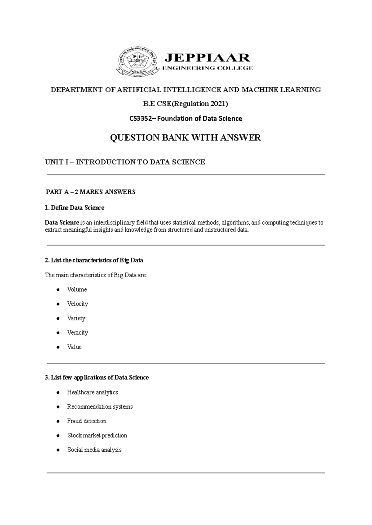 CSE 2021: Data Science Foundation Question Bank with Answers - Studocu