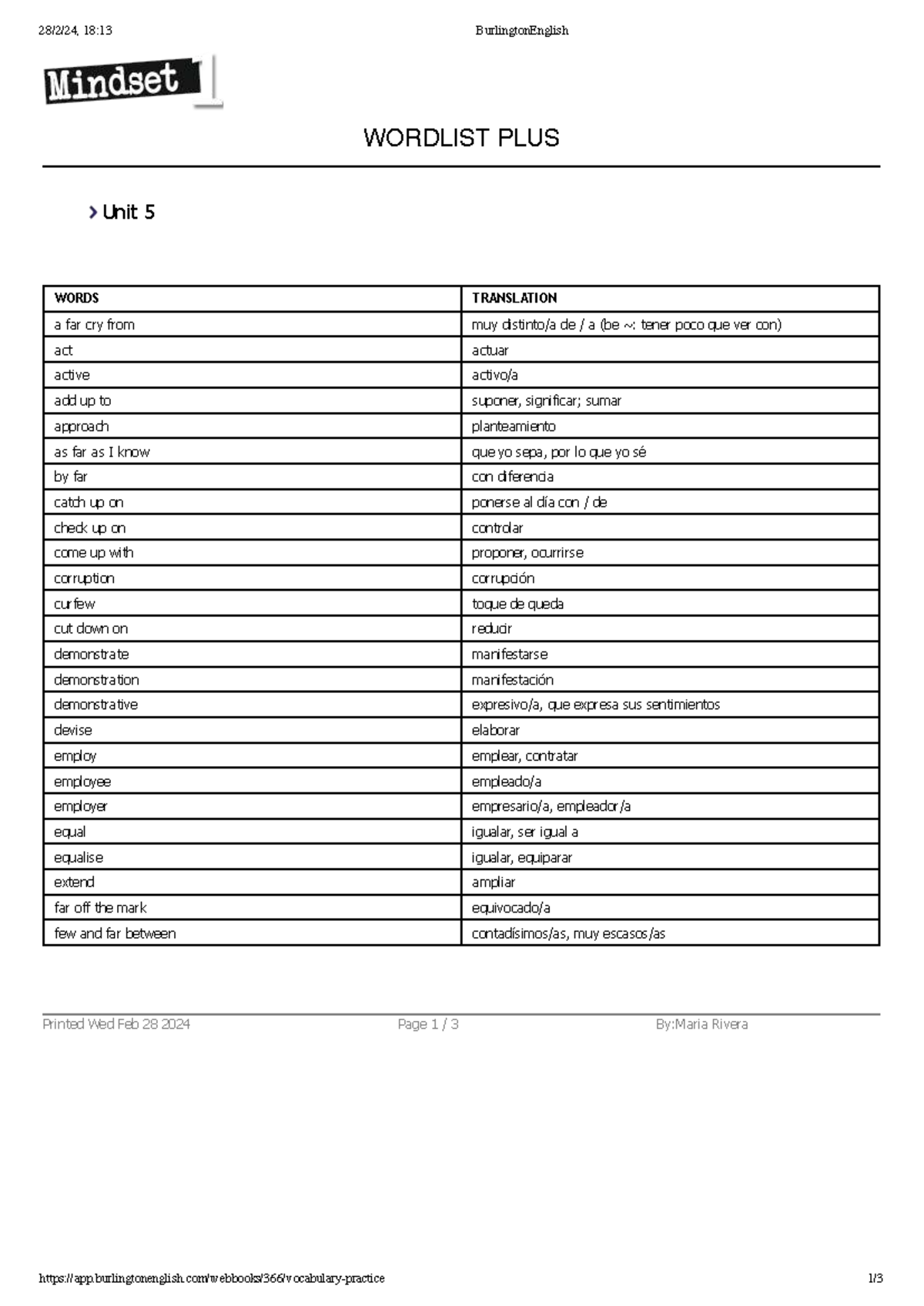 BurlingtonEnglish WORDLIST PLUS Unit 5 Vocabulary Guide - Studocu