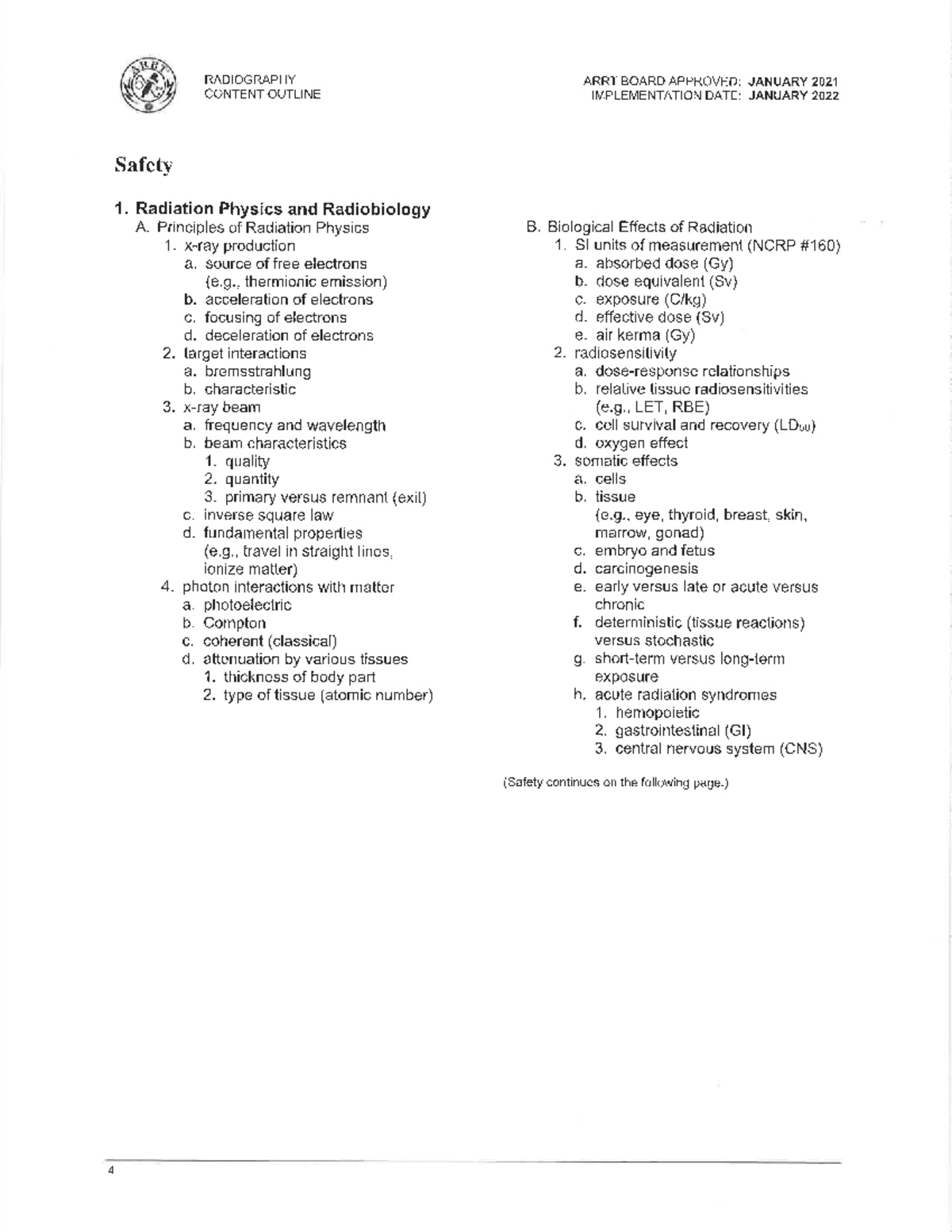 ARRT RADIOGRAPHY BOARD EXAM CONTENT OUTLINE: SAFETY & RADIATION PHYSICS ...