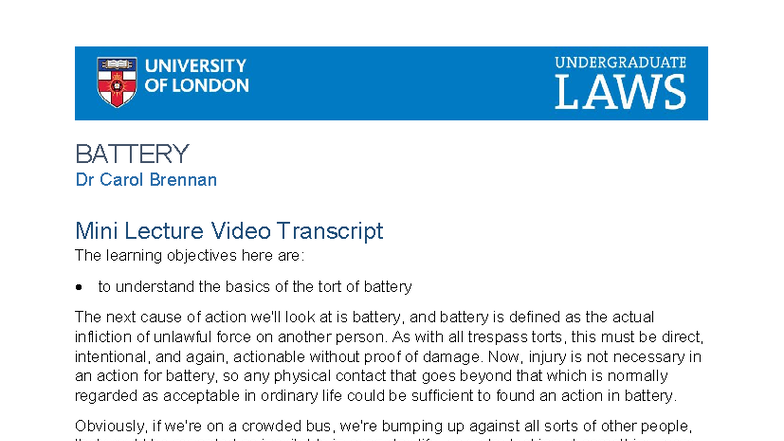Tort 3b - Mini Lecture Transcript on Battery Law Principles - Studocu