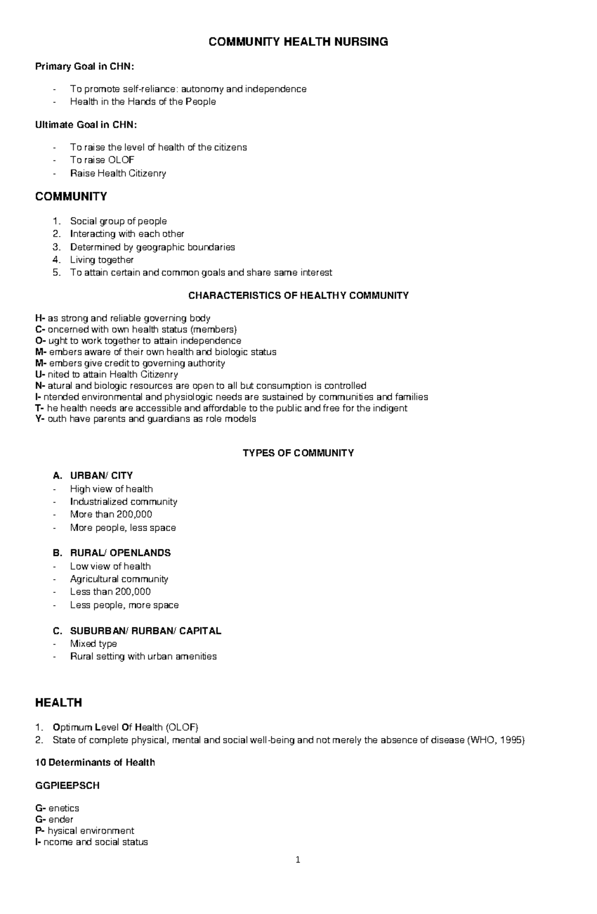 Overall-CHN- Handout - Nursing Note - COMMUNITY HEALTH NURSING Primary ...
