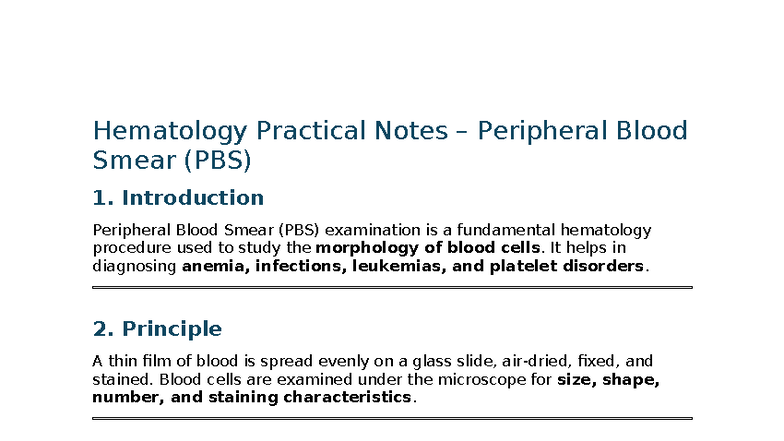 Peripheral Blood Smear: Prep, Staining & Analysis (Hematology, MLT) - Studocu