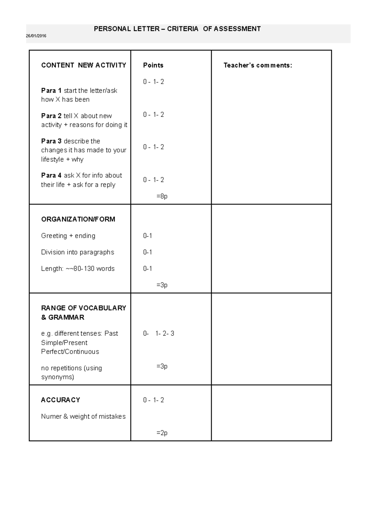 Writing criteria - PERSONAL LETTER – CRITERIA OF ASSESSMENT 26/01 ...