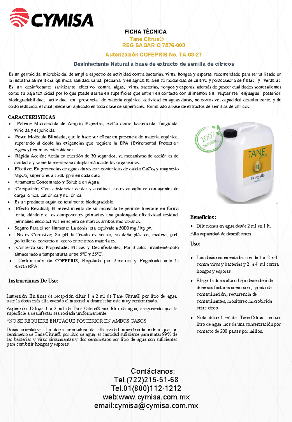 Ficha Técnica de Tane Citrus® - Desinfectante Natural Efectivo - Studocu