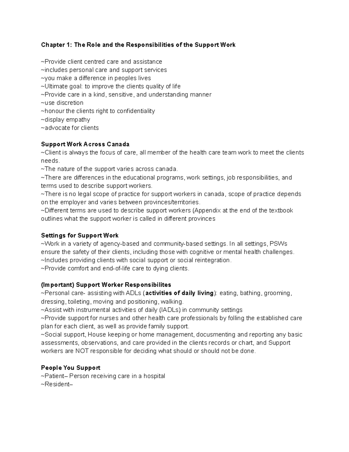 CHAPTER 1: Responsibilities of Support Workers in Client Care - Studocu