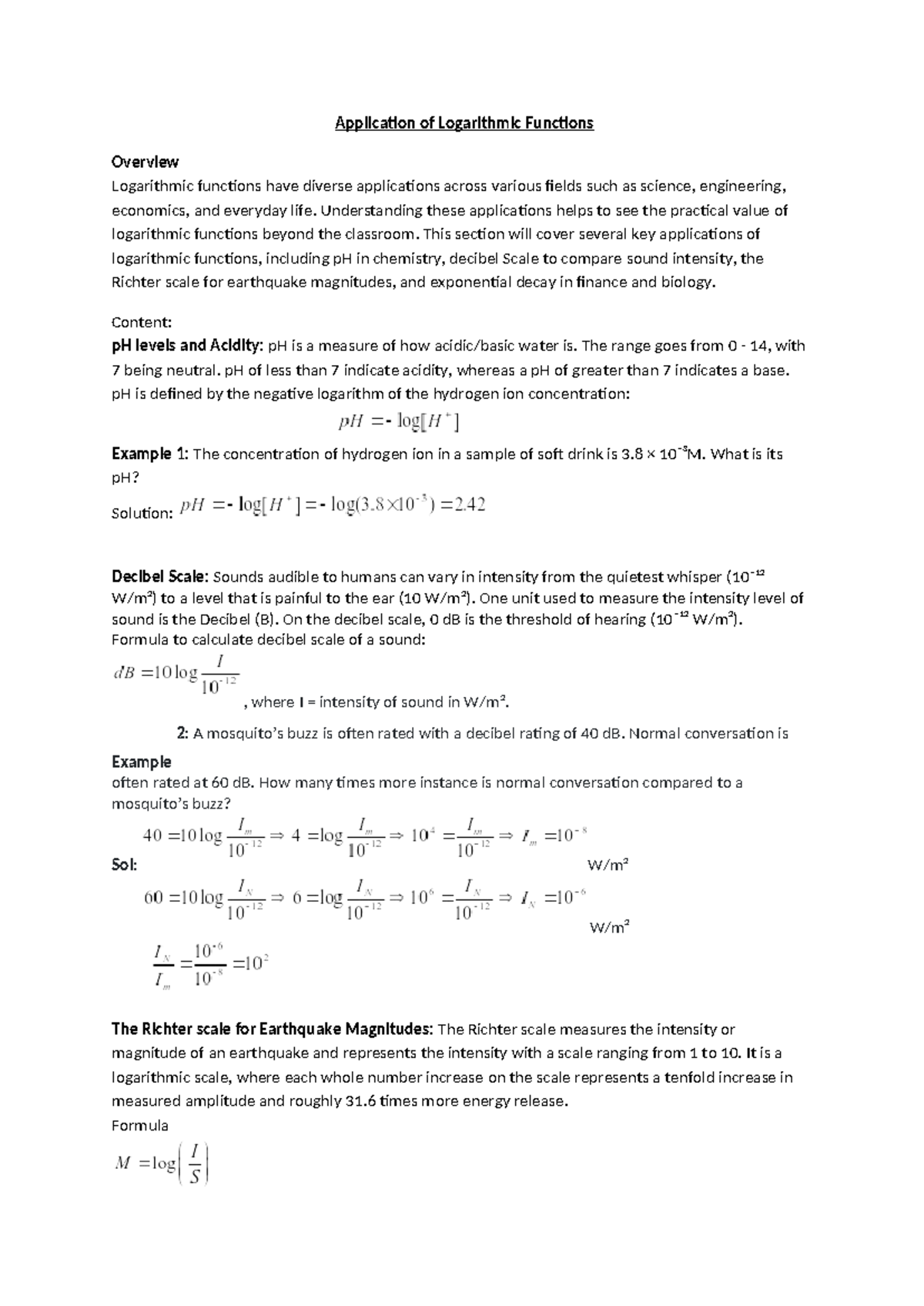 Applications of Logarithmic Functions in Real Life Examples - Studocu