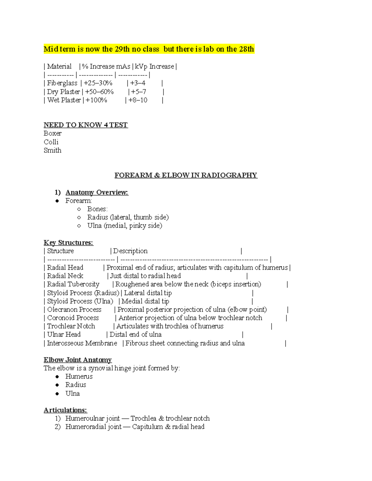 Elbow & Forearm Radiography: Midterm Study Guide (RAD 101) - Studocu