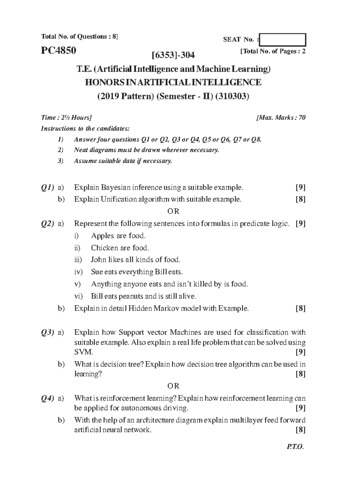 T.E. (AI & ML) Honors Exam (2019 Pattern) - Q&A Guide (310303) - Studocu