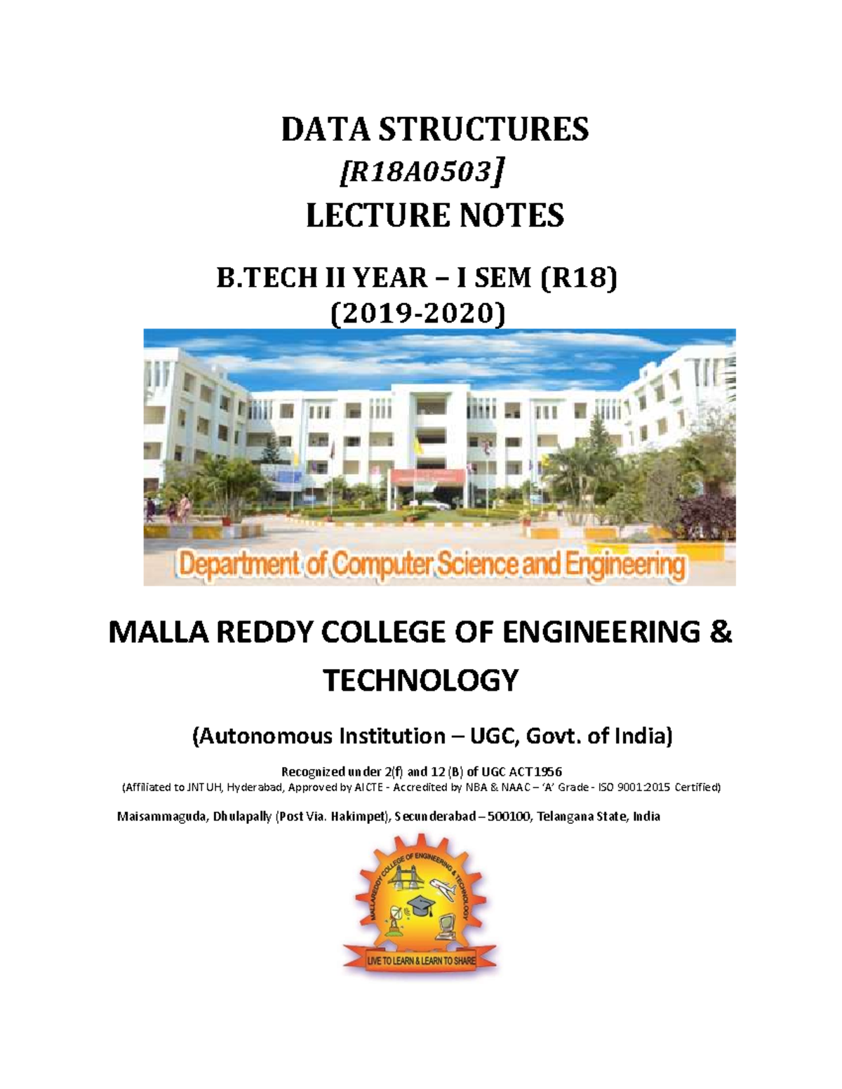 DATA STRUCTURES LECTURE NOTES B.TECH II YEAR I SEM (R18) - Studocu
