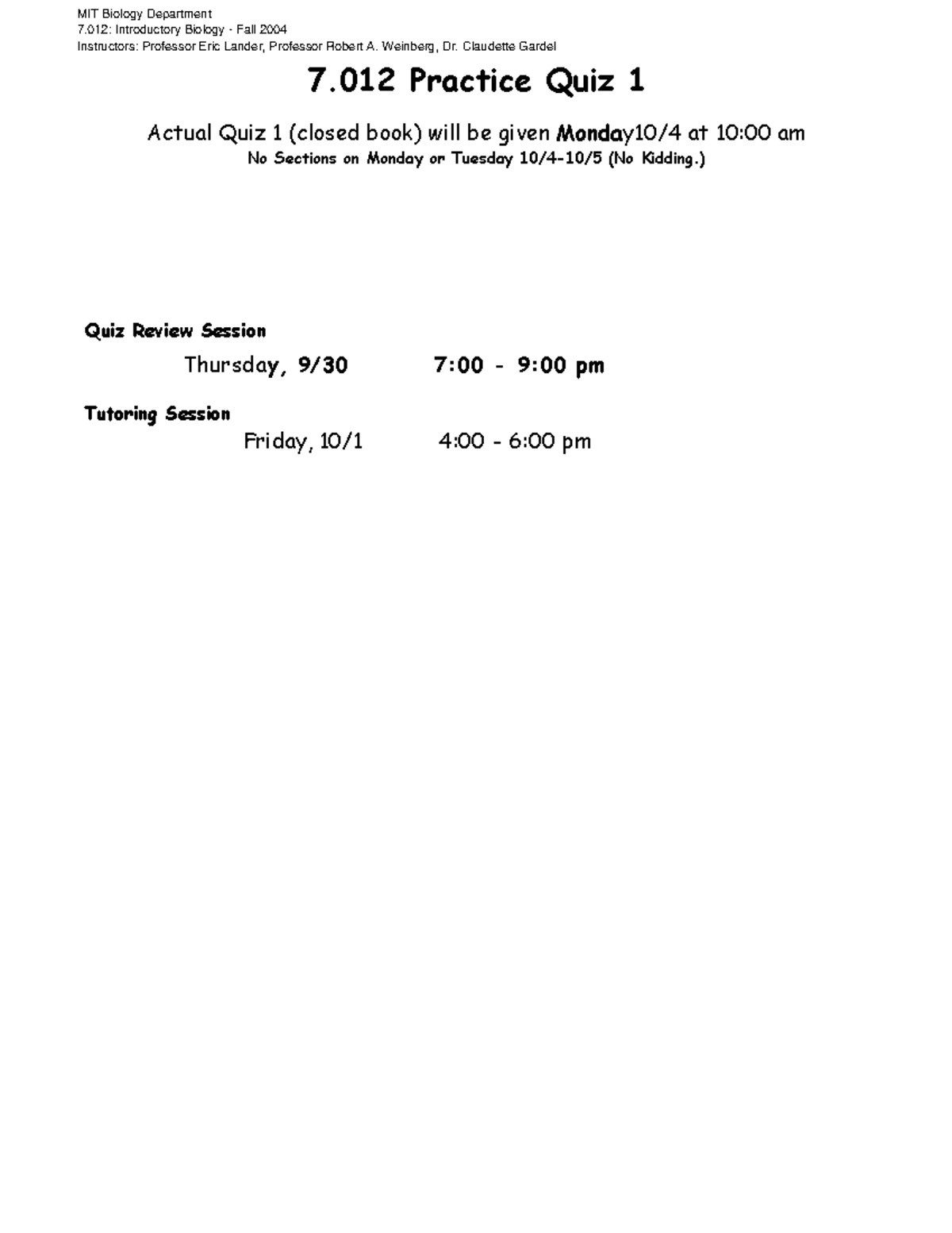 MIT Biology 7.012: Practice Quiz 1 - Fall 2004 - Studocu