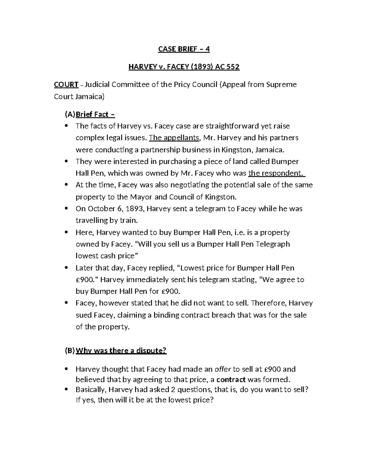 CASE BRIEF 4: HARVEY v. FACEY (1893) - Legal Principles & Judgment ...
