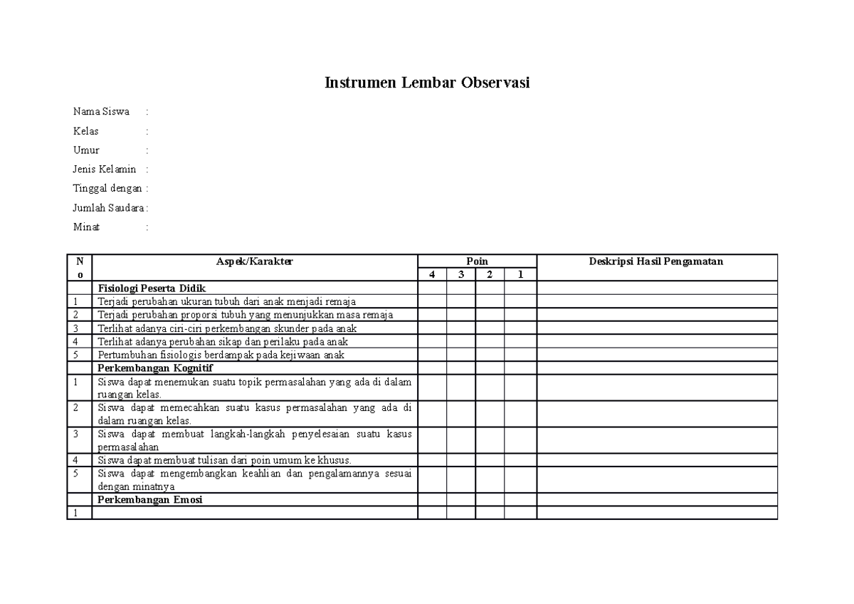 Instrumen Observasi Siswa untuk Pengembangan Karakter dan Kognisi - Studocu