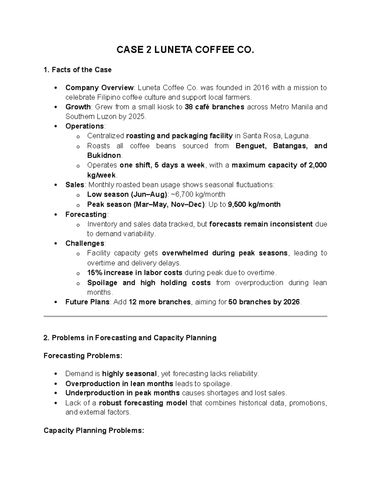 Luneta Coffee Co. Case Study: Forecasting & Capacity Challenges - Studocu