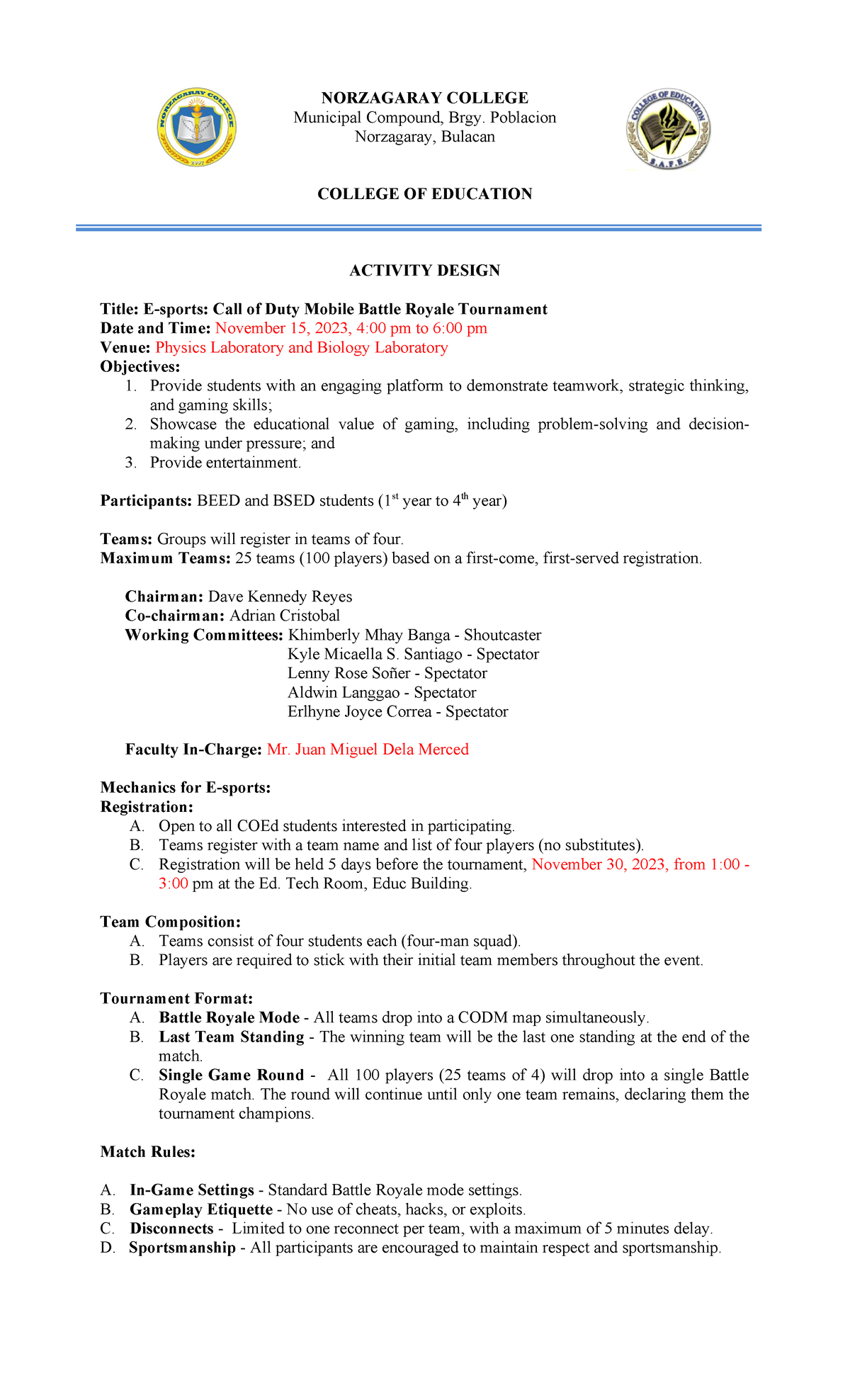 CODM - E-sports Tournament Activity Design for Nov 15, 2023 - Studocu